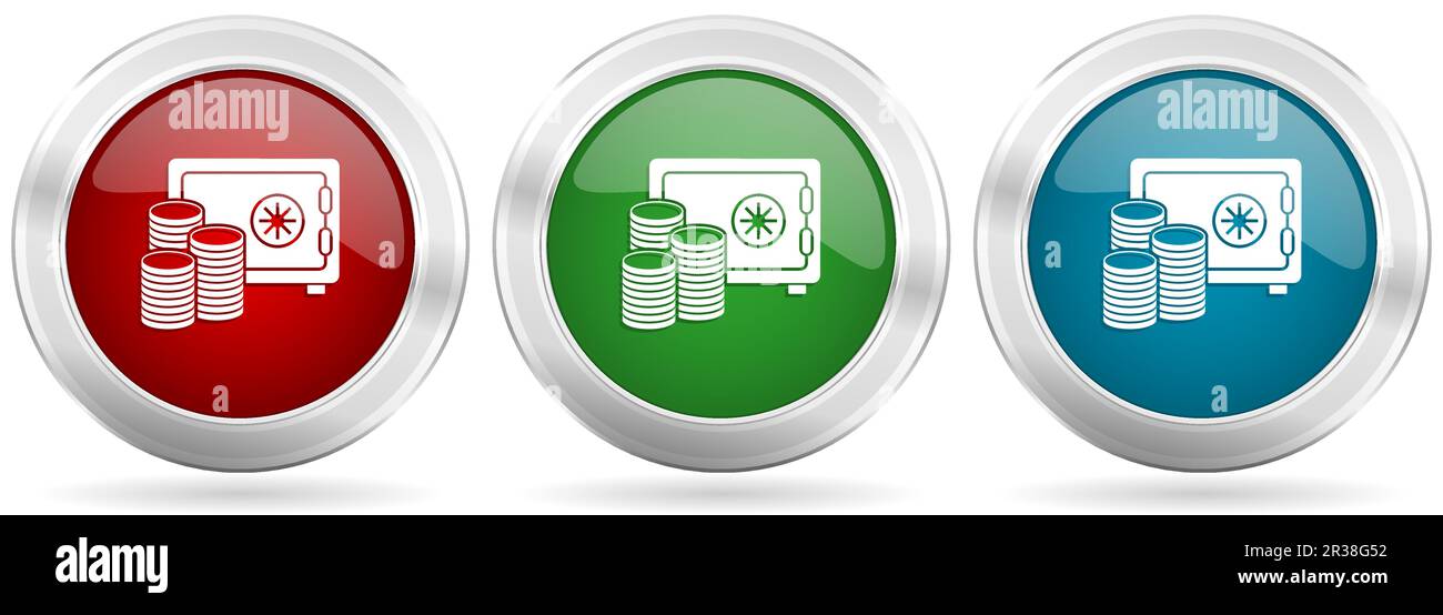 Safe and money, bank, business vector icon set. Red, blue and green ...