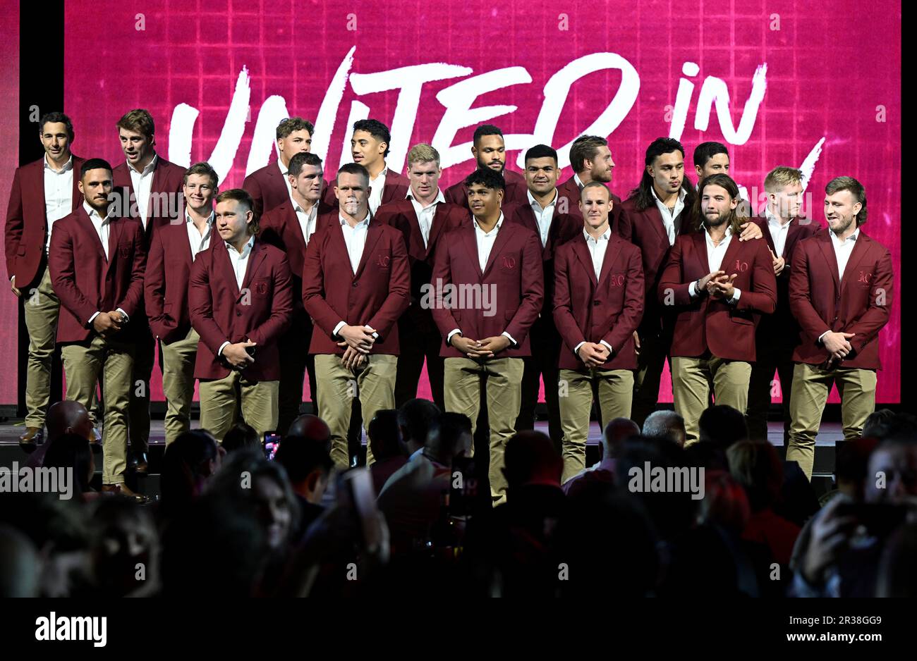 The Queensland Maroons State of Origin team are seen on stage at the ...
