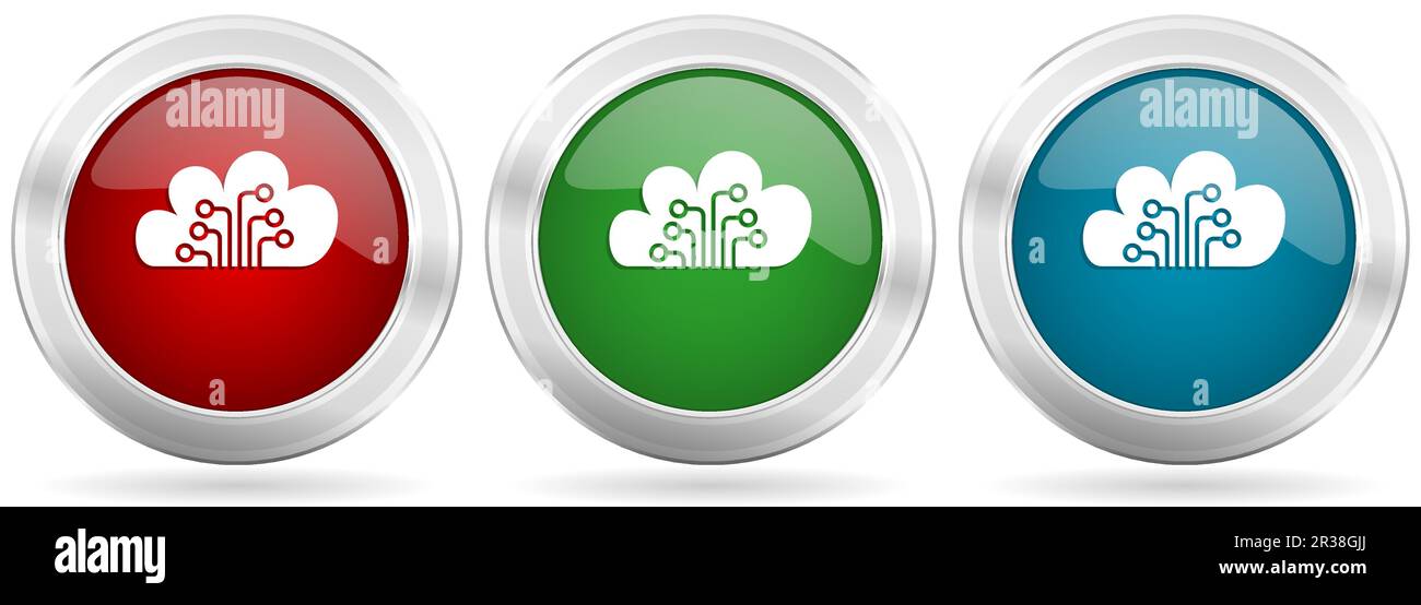 Cloud computing, technology, circuit, data vector icon set. Red, blue and green silver metallic ...