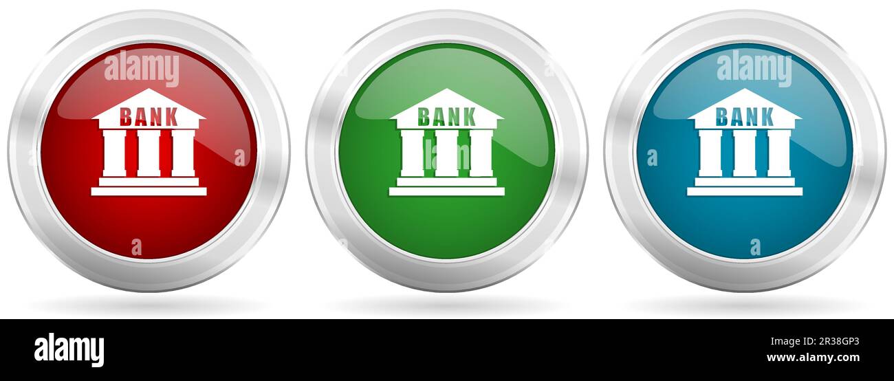 Bank vector icon set. Red, blue and green silver metallic web buttons ...