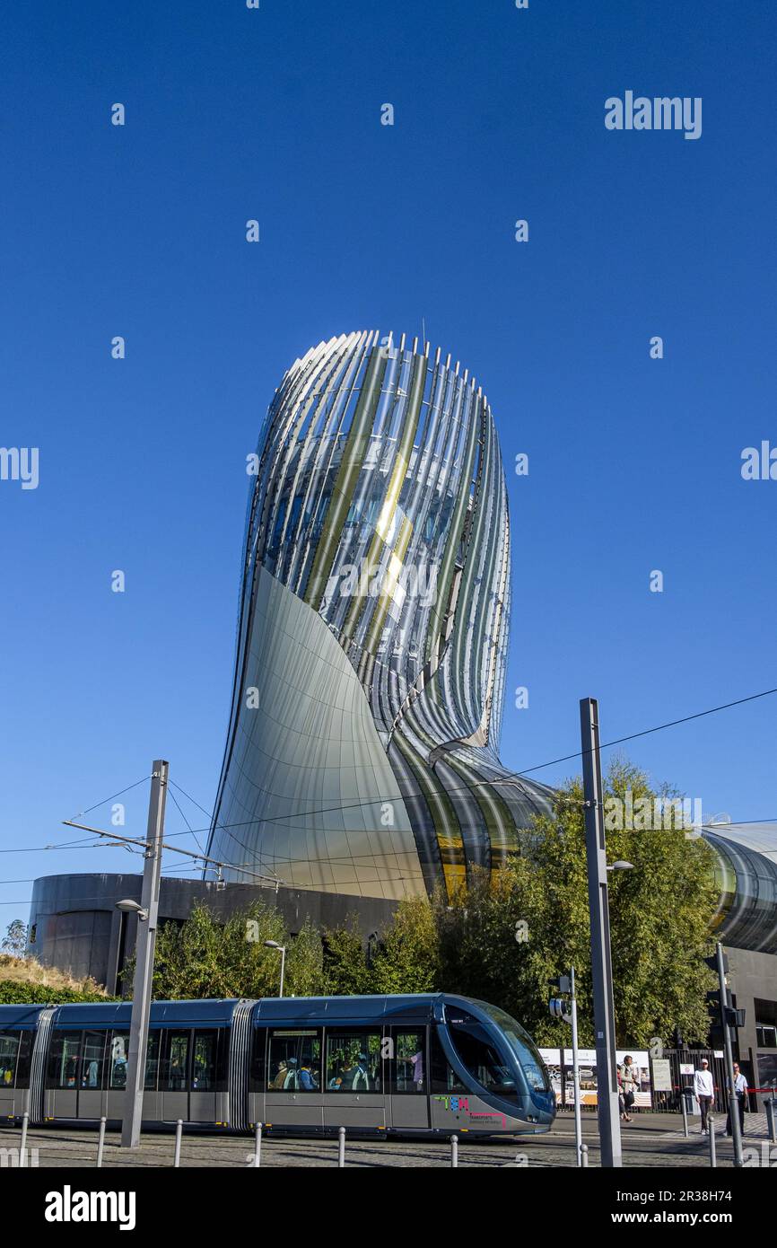 FRANCE. GIRONDE (33). BORDEAUX. THE TRAM IN FRONT OF THE CITE DU VIN ...