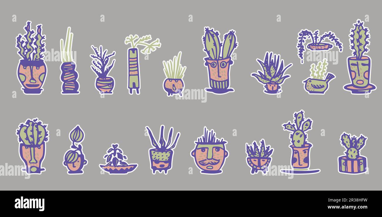 Ceramic pots with cactus comic faces. Different doodle emotions ...