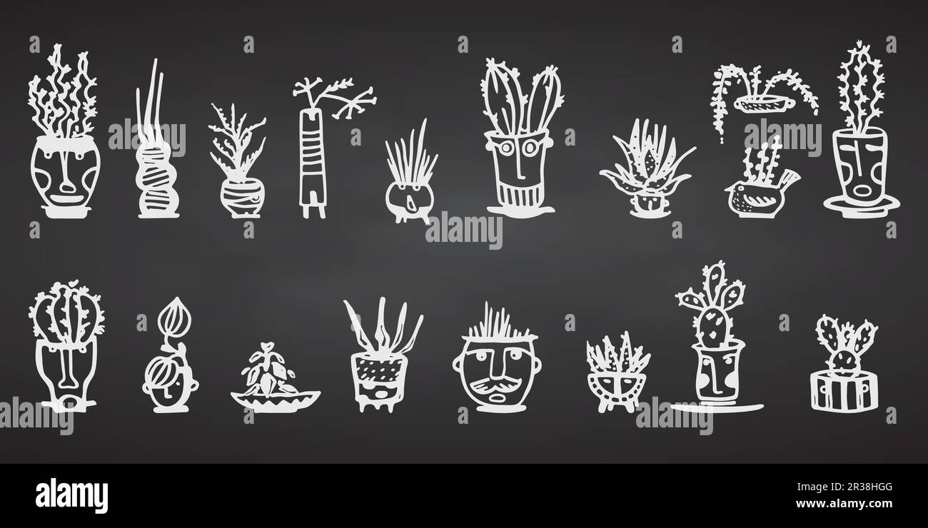 Ceramic pots with cactus comic faces. White doodle emotions characters ...