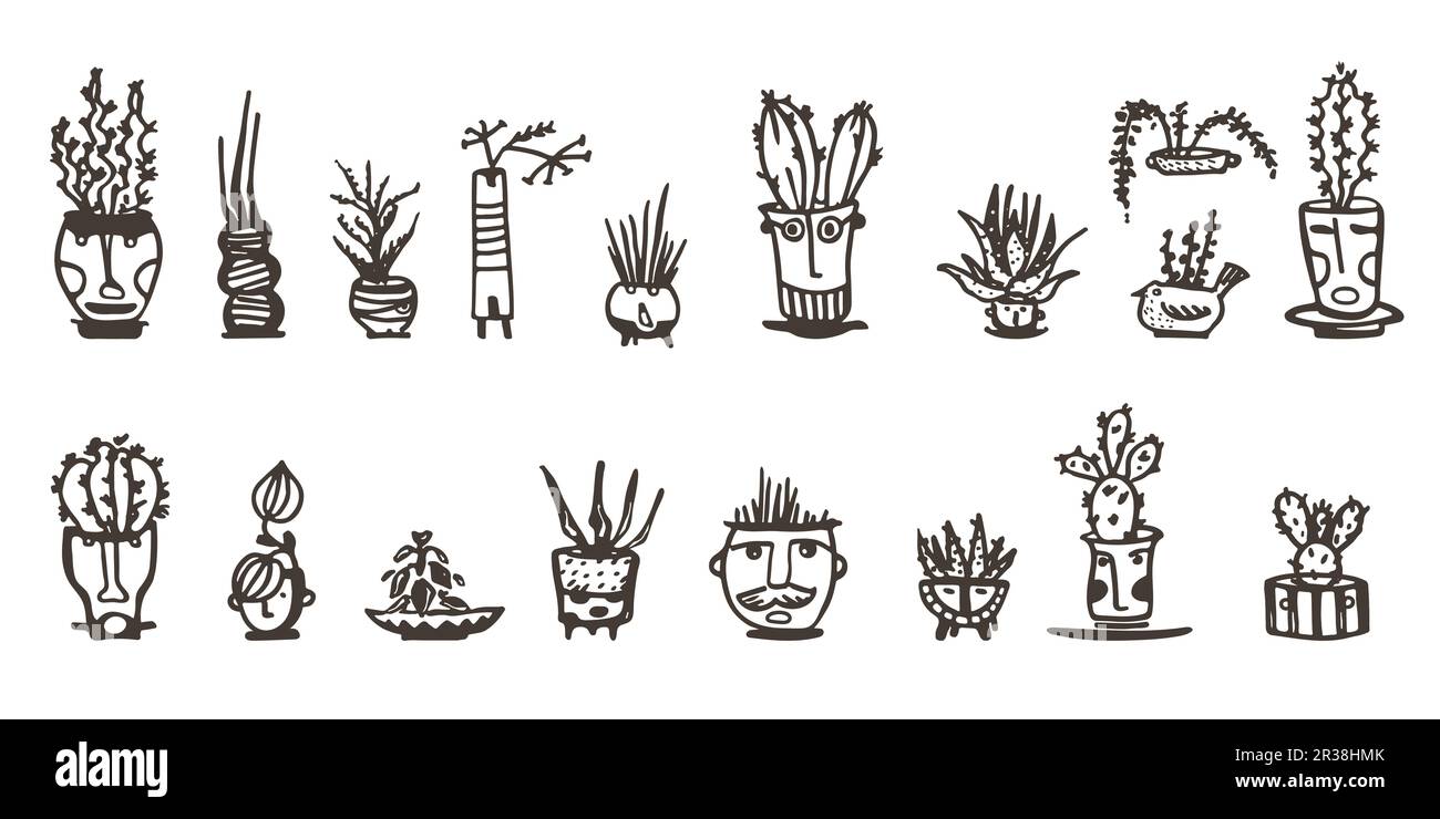 Ceramic pots with cactus comic faces. Black doodle emotions characters ...