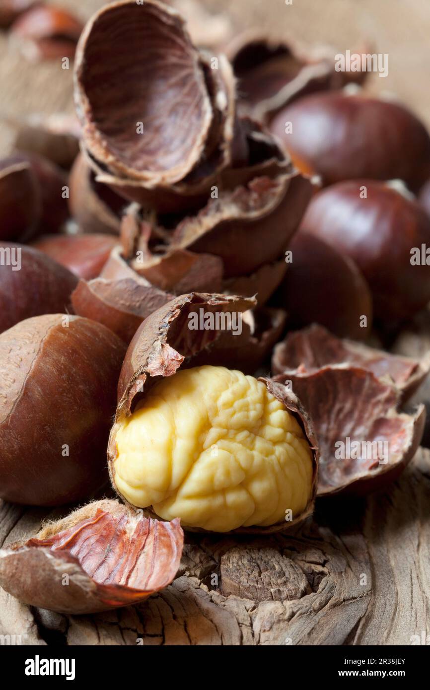 Chestnuts, partially shelled Stock Photo - Alamy