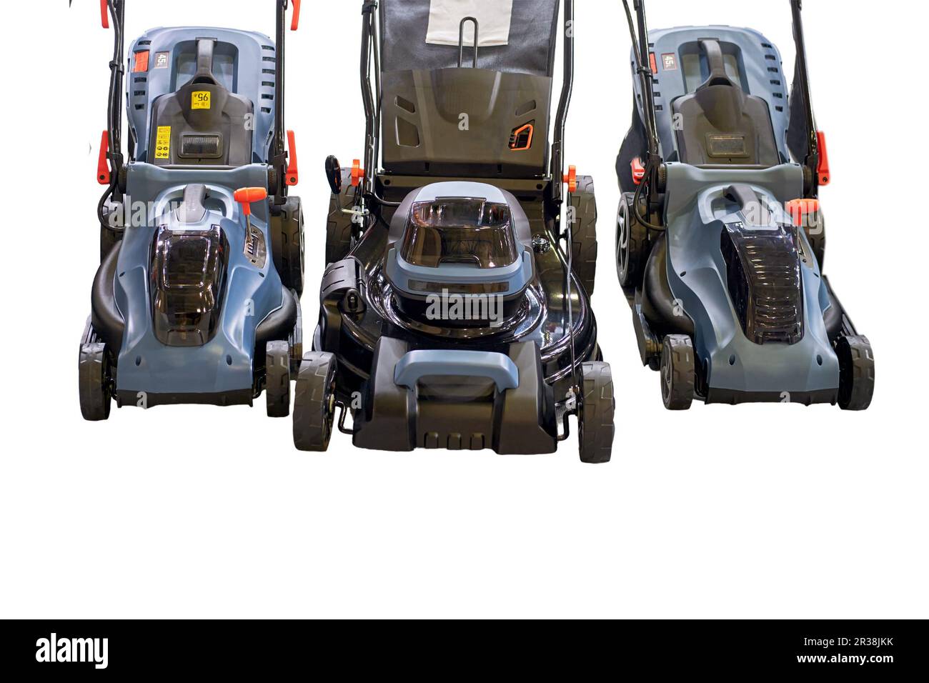 Lawn mowers in the store, sale of garden equipment in the market ...