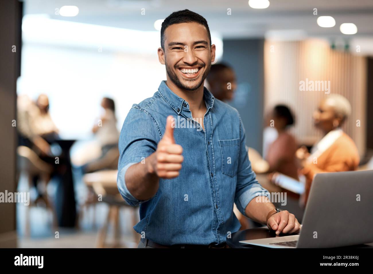Portrait, business and man with a laptop, thumbs up and internet ...