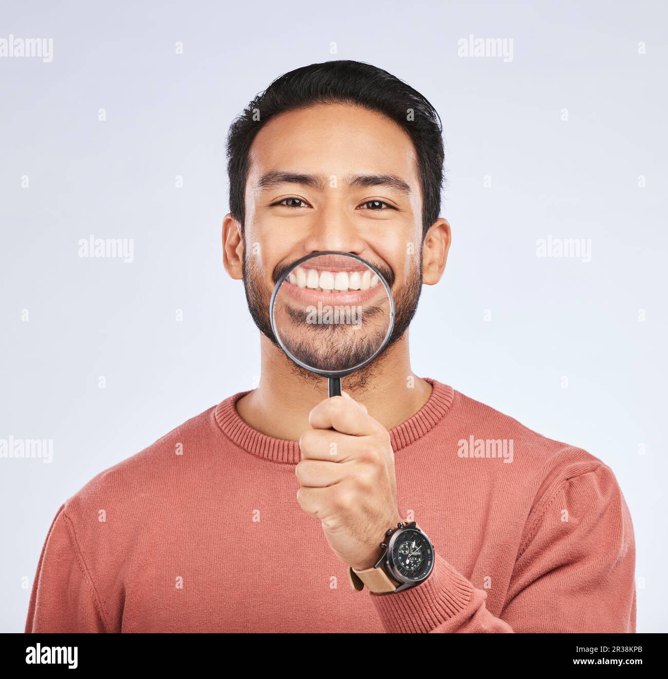 Portrait, teeth and man with a magnifying glass, smile and search ...