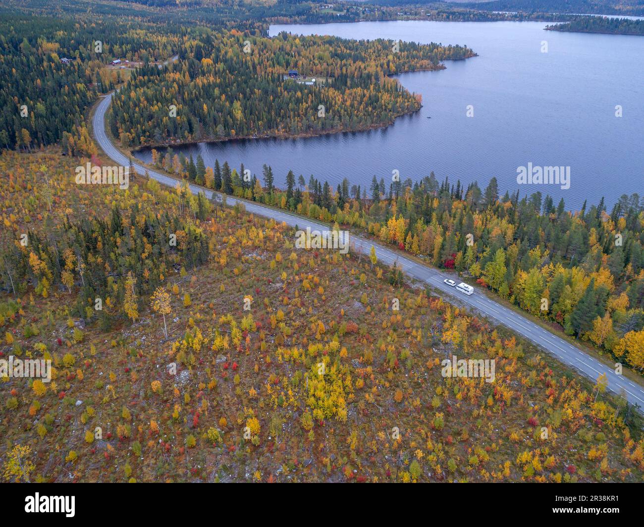 drone footgage Car Camping Caravan driving road lake Swedish Lapland ...