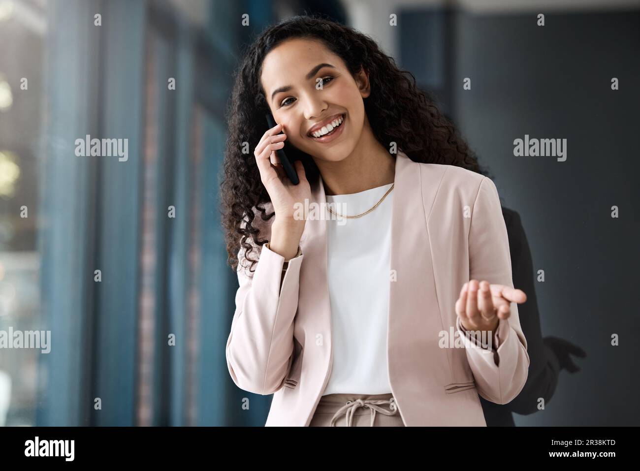Happy, phone call and business woman in office for networking ...