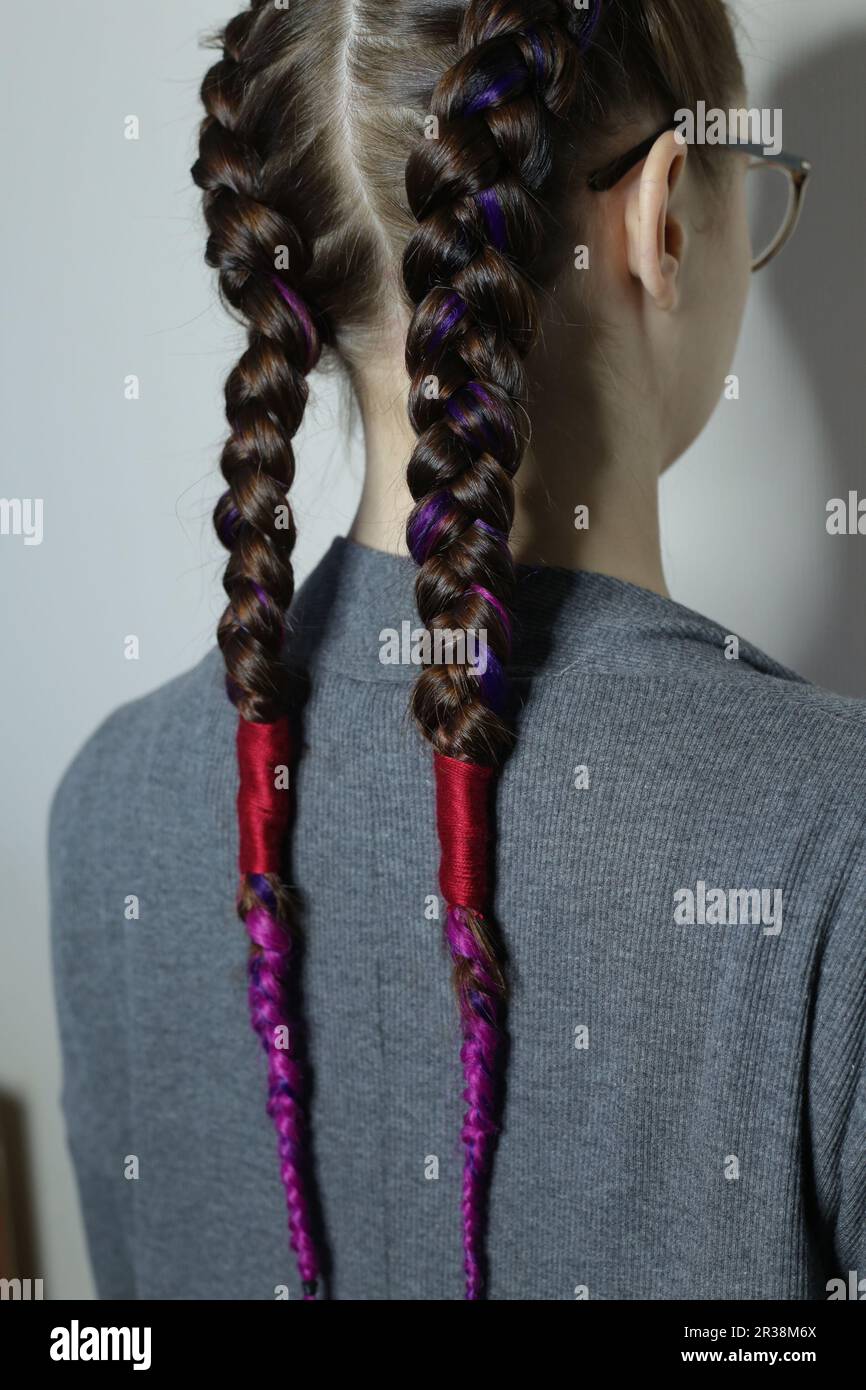 Two braids against the backdrop of the city, a hairstyle from th Stock ...