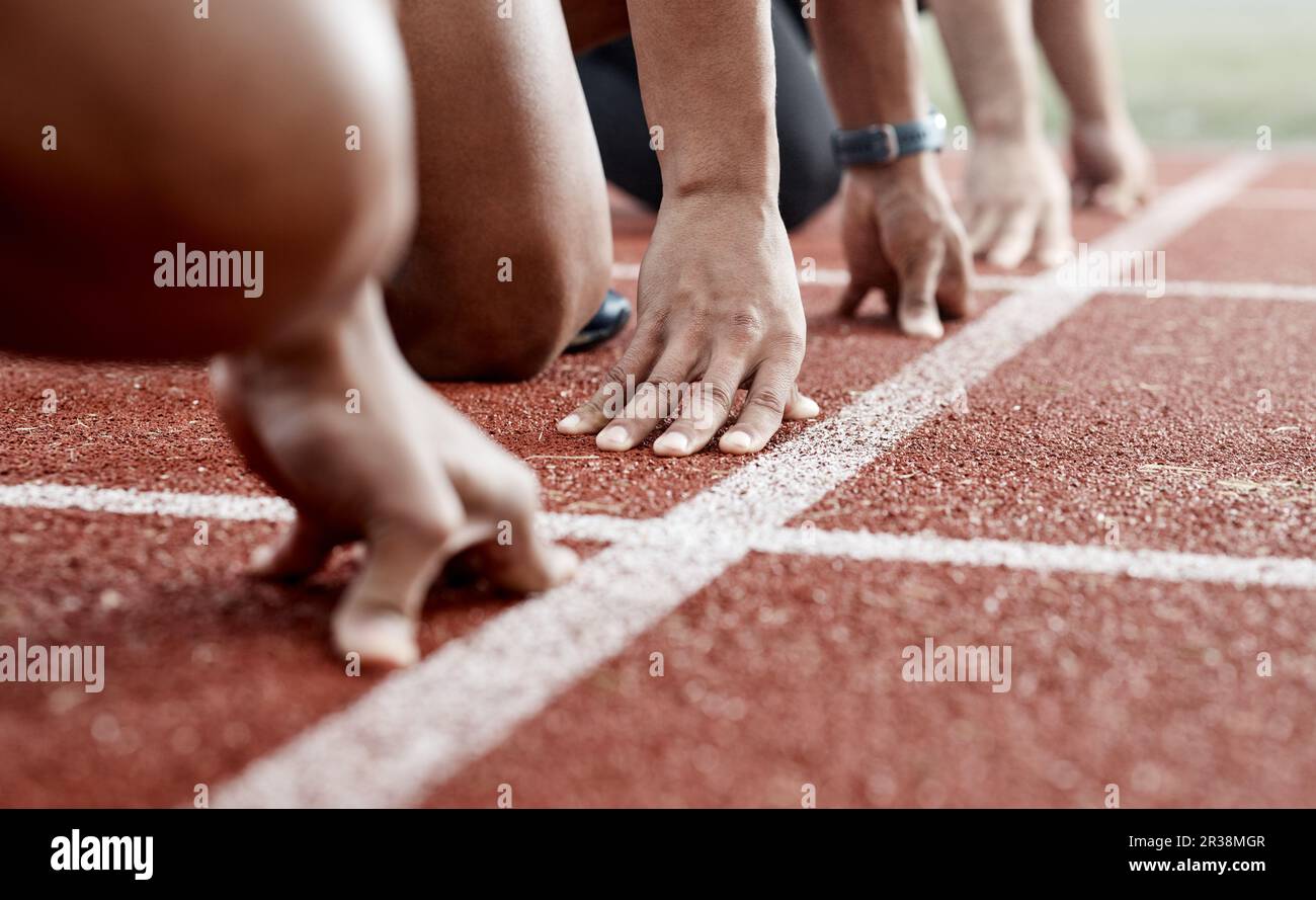 Ground, hands and people ready for a race, running competition or ...