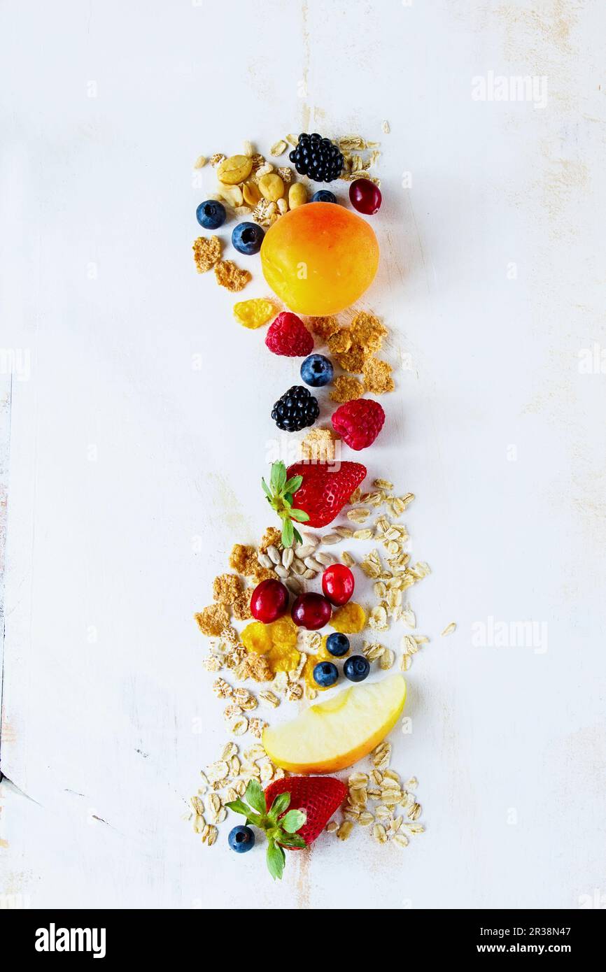 Close up of tasty breakfast or smoothie ingredients. Various grains ...