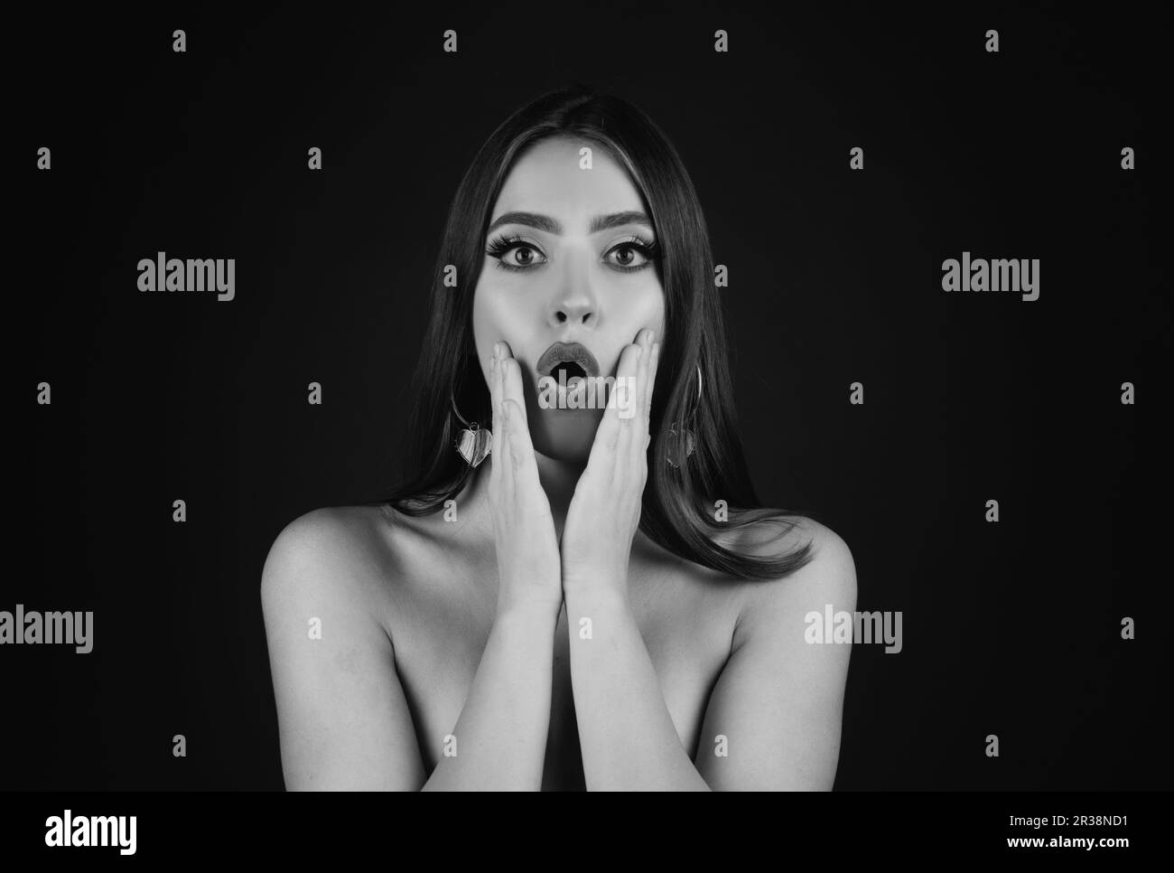 Shocked face of surprised young woman. Funny female shocked face expression. Unbelievable ...