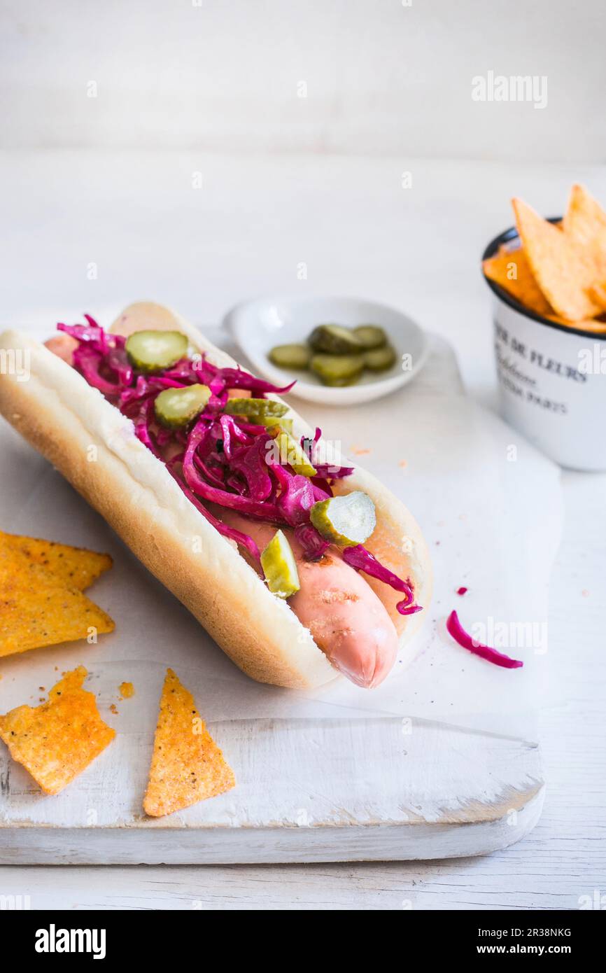 A hot dog with pickled red cabbage and gherkins Stock Photo - Alamy