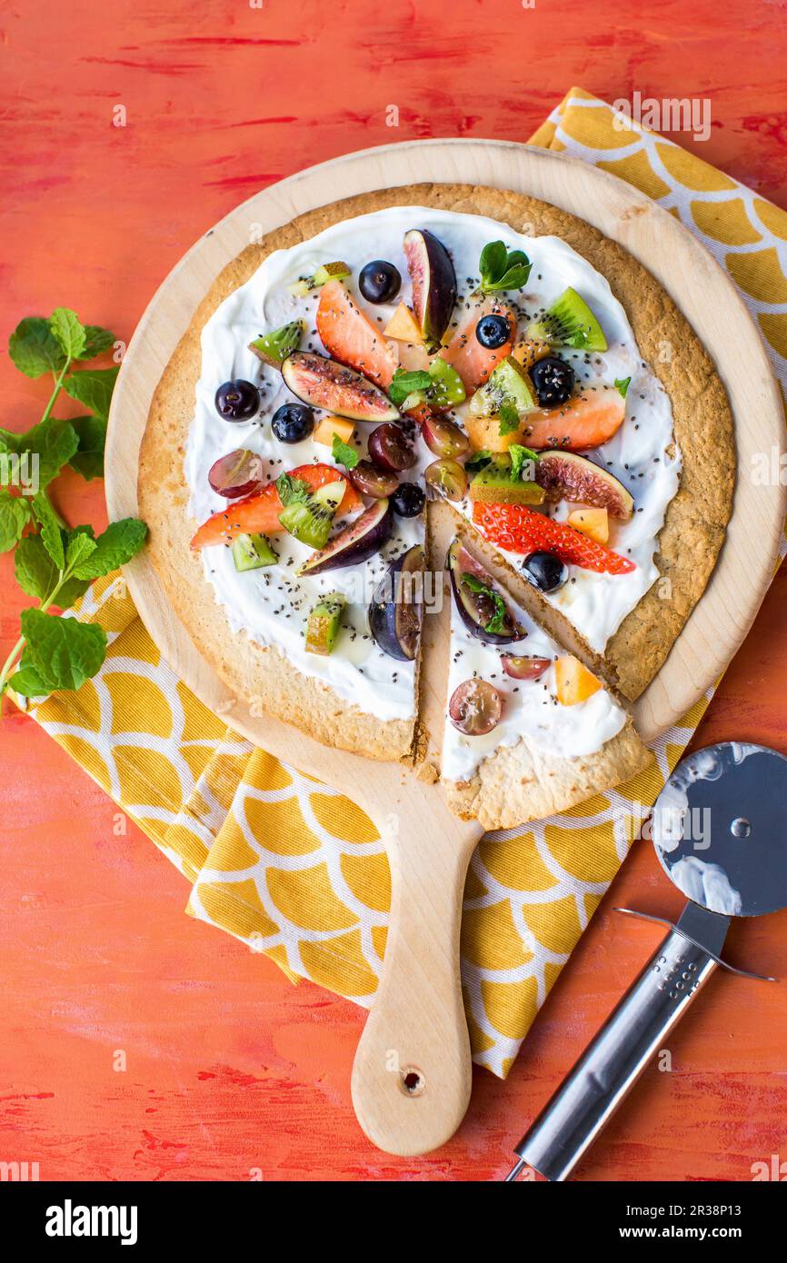 Fruit Pizza made from a toasted Tortilla wrap base, with natural yogurt ...