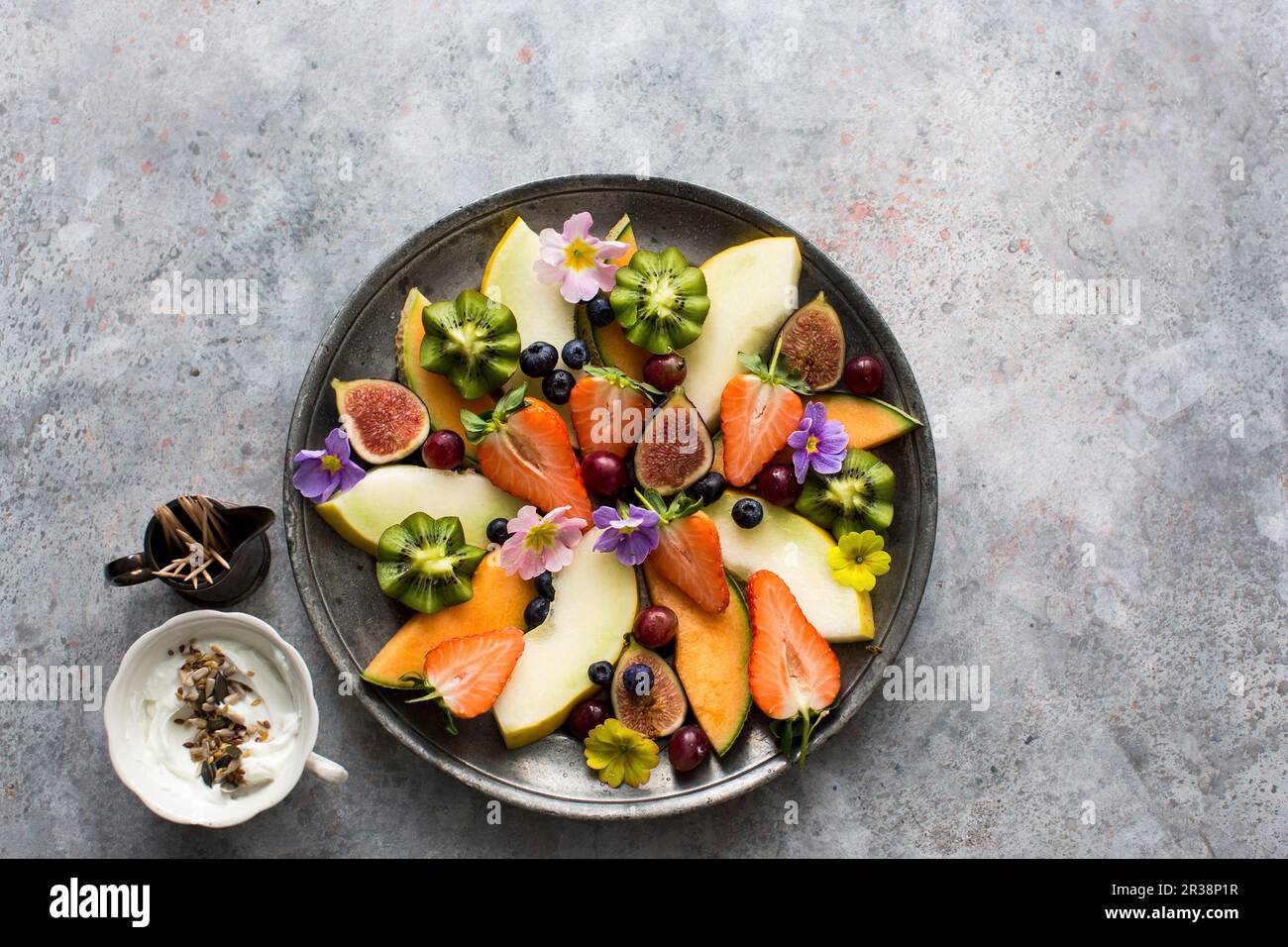Fruit platter with a natural yogurt dip Stock Photo - Alamy