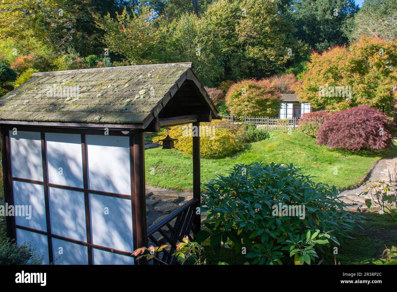 Overlooking Japanese garden with Pergola Stock Photo - Alamy