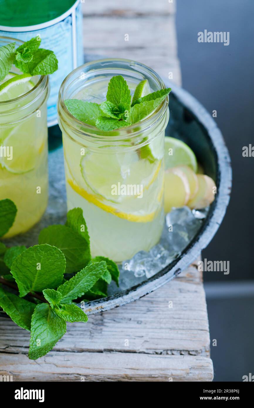 Lemon and lime switchel with ginger and mint Stock Photo - Alamy