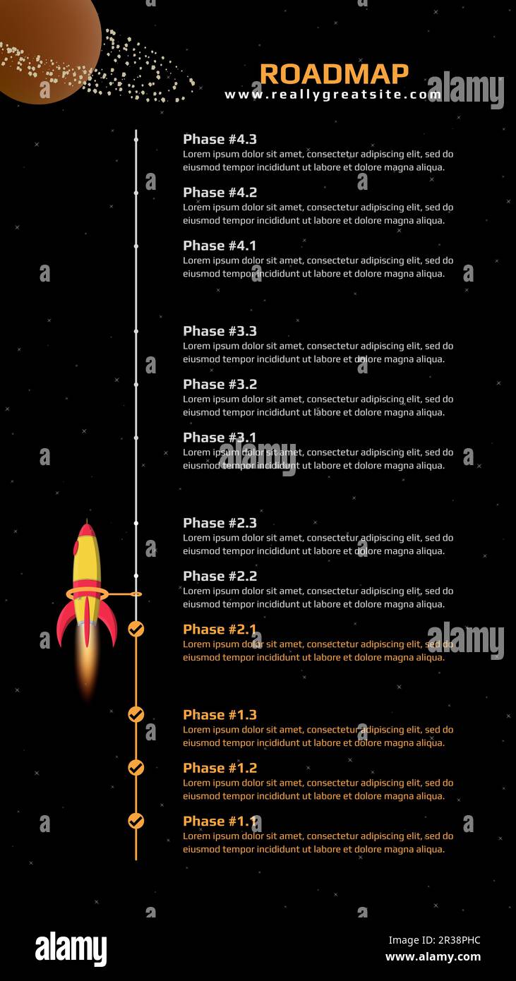 Vertical roadmap with rocket and milestones on space black background ...