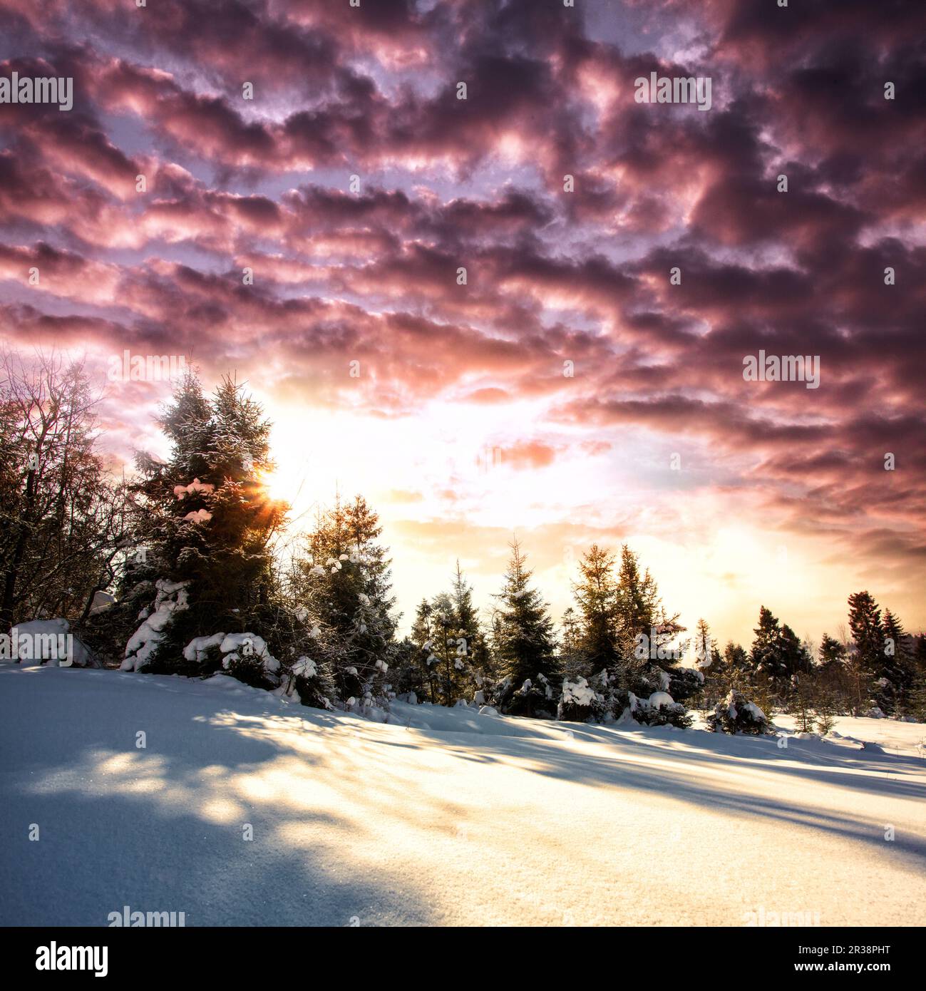 Beautiful red cloudscape in the winter mountains Stock Photo - Alamy