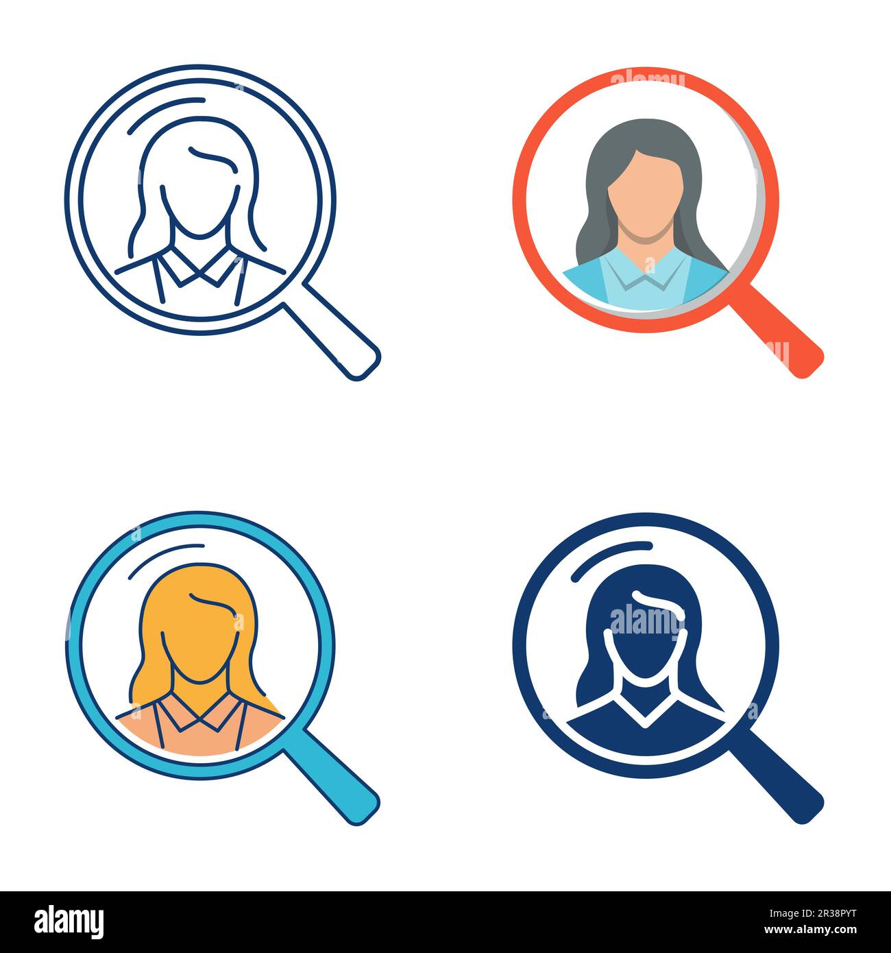 Woman under magnifying glass icon set in flat and line style. The ...