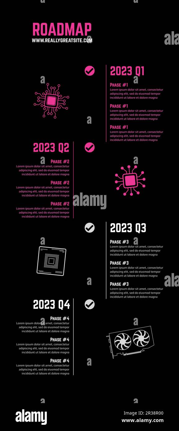 Vertical quarterly roadmap with milestones and technical clipart on a ...