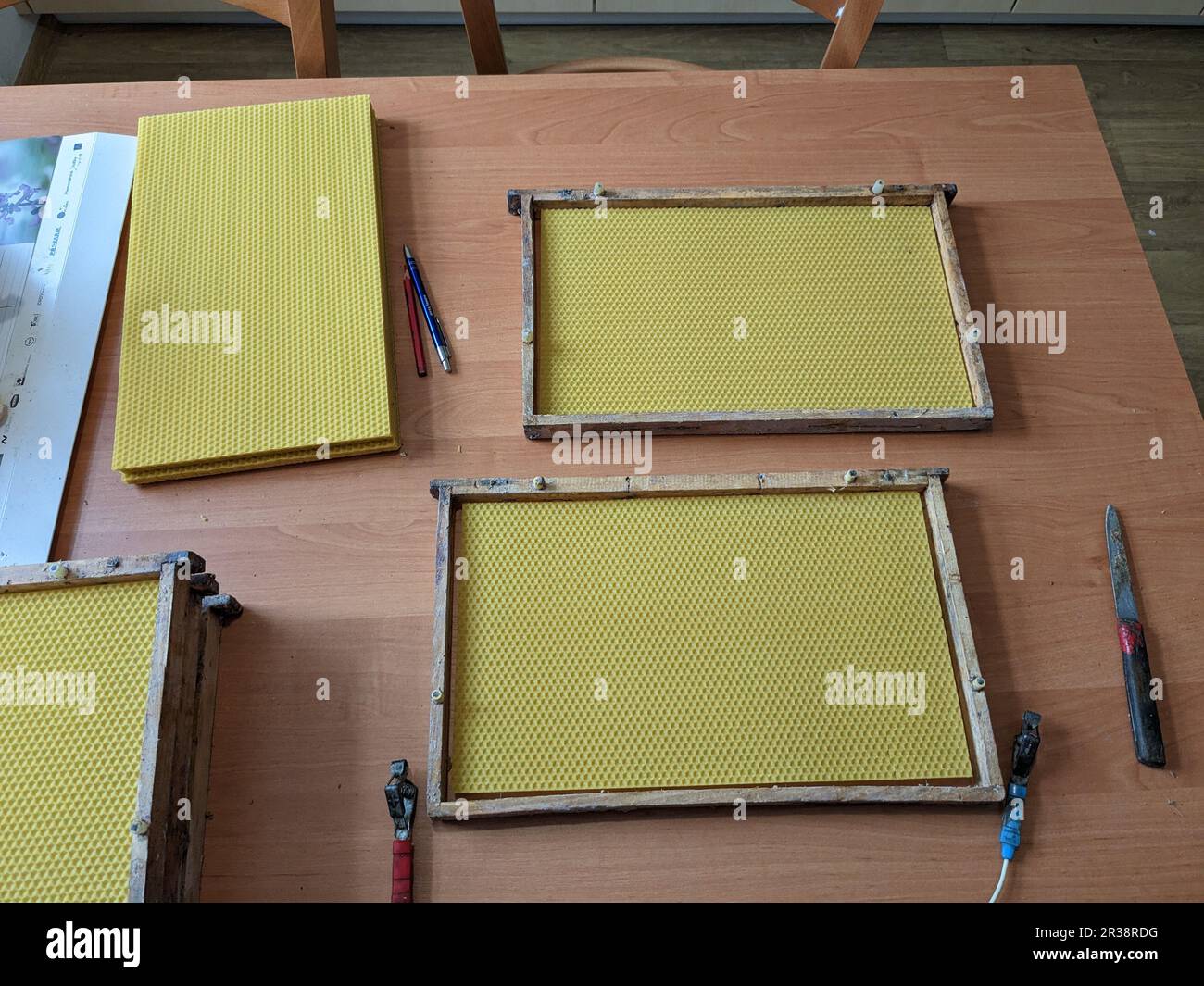 frames with wax,which are used in bee hives are getting ready for new ...