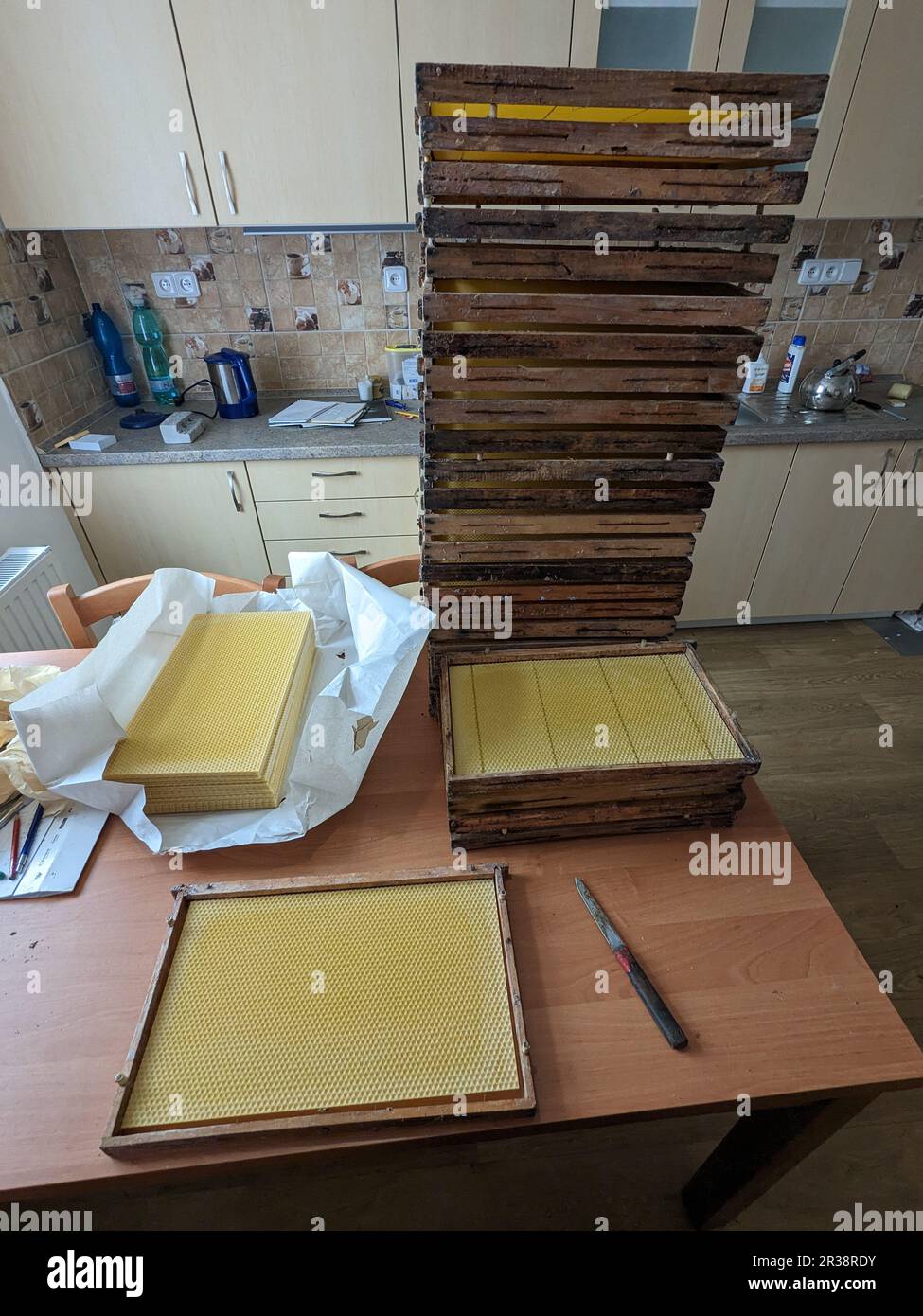 frames with wax,which are used in bee hives are getting ready for new ...