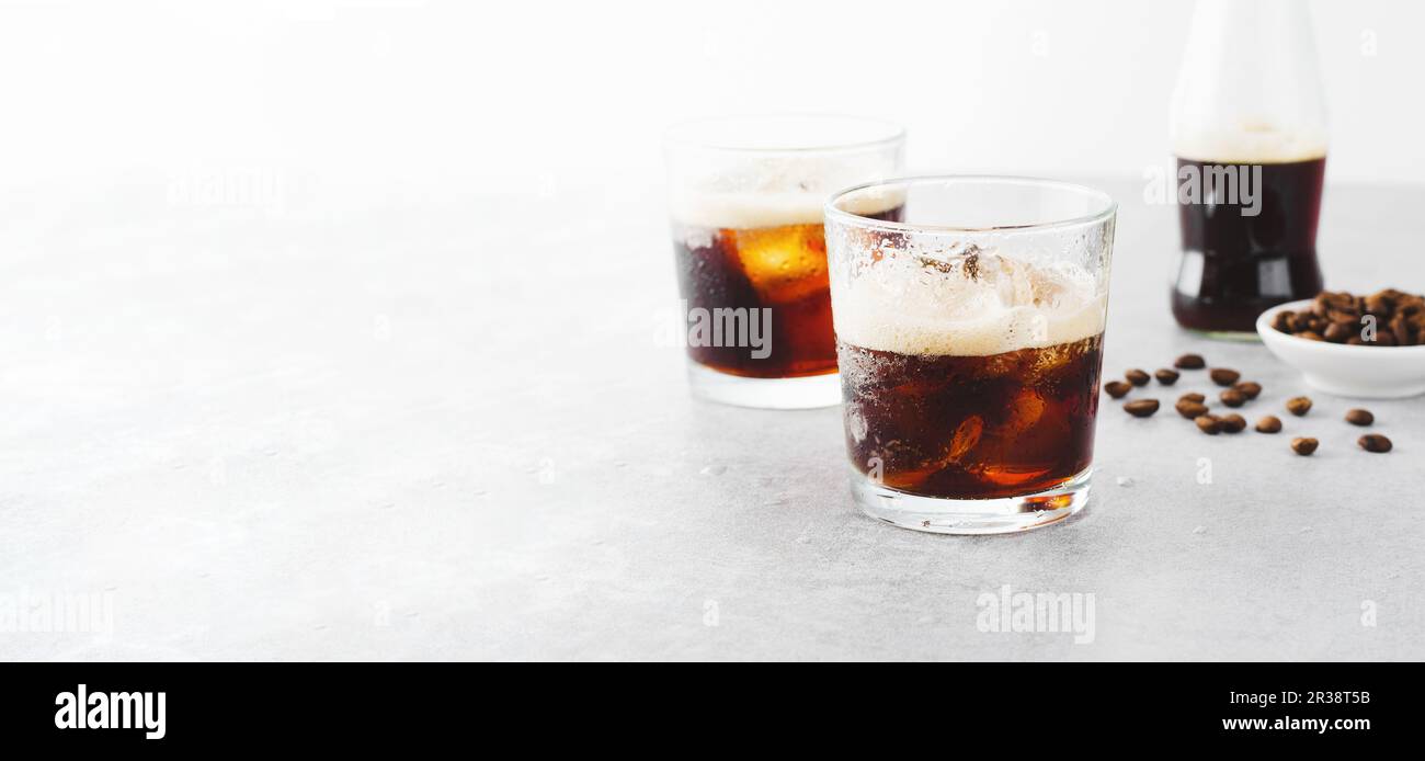 Iced Coffee, Sparkling or Cold Brew Coffee with Ice on Bright Light ...