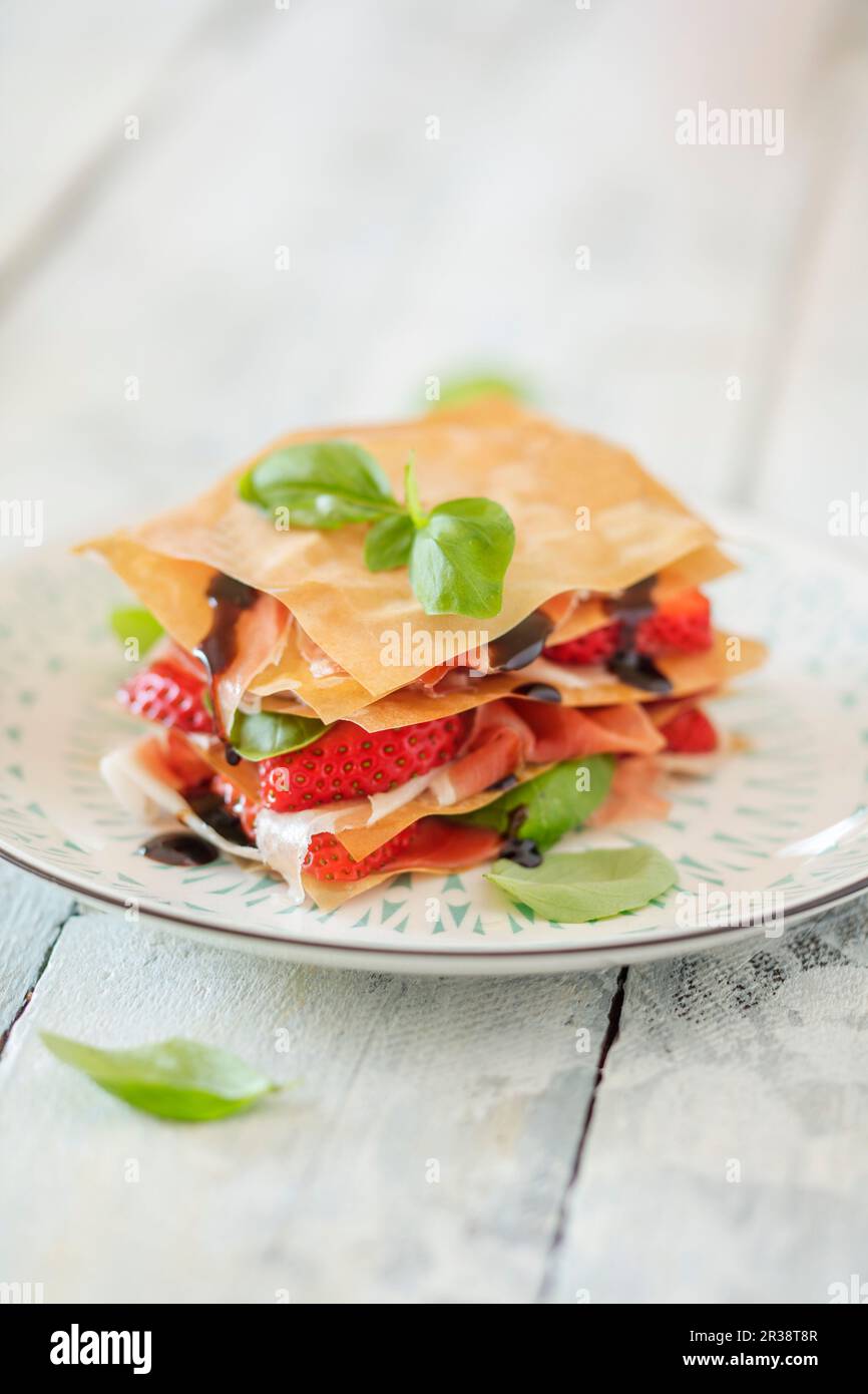 Strawberry and Serrano ham lasagne with filo pastry and balsamic cream ...