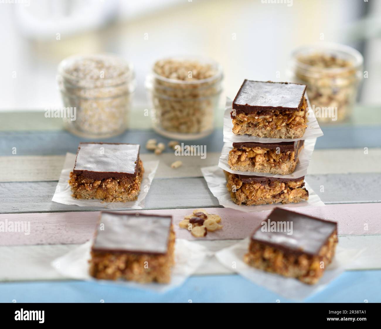 Puffed rice cubes with chickpeas, coconut blossom caramel and chocolate ...