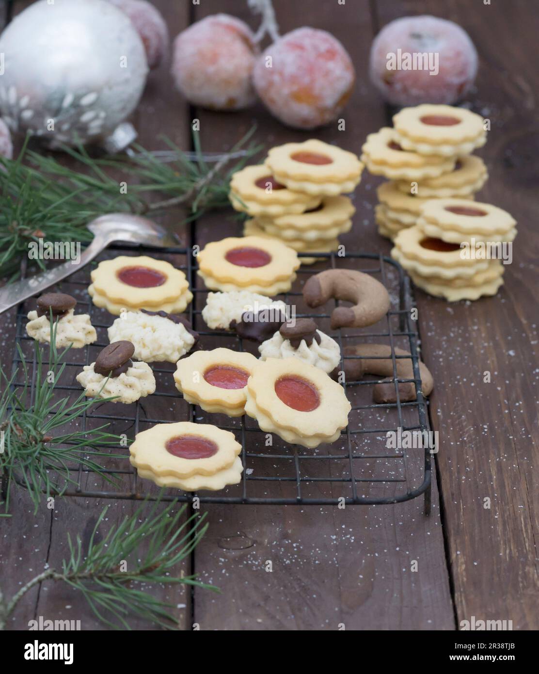 Blood orange jam biscuits, shortbread biscuits and chocolate curls ...