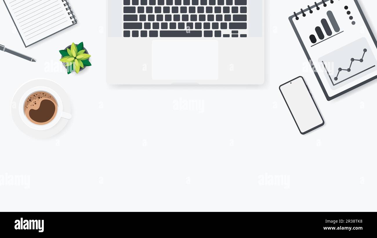 Cover and banner of working desk with gadget. Top view of table working and free space for text ...