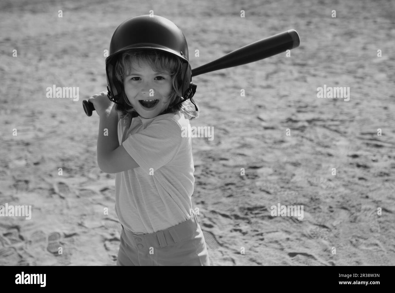 Portrait of excited amazed baseball player kid child wearing helmet and ...