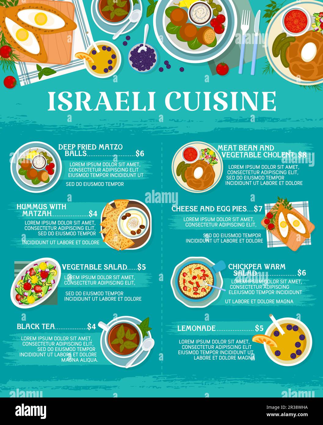Israeli cuisine restaurant menu page. Meat bean and vegetable cholent ...