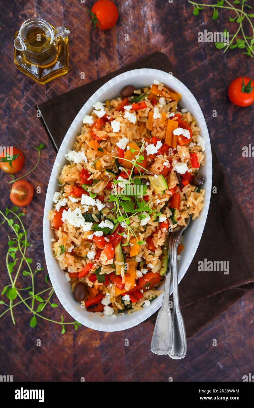 Basmati rice with peppers, grilled zucchini, feta, cherry tomatoes ...