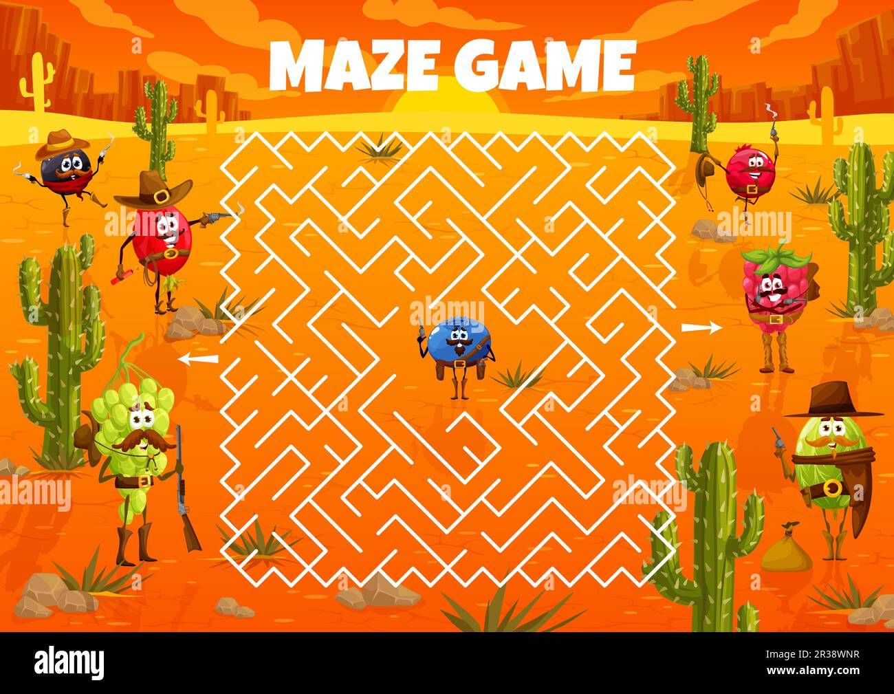 Labyrinth maze, cartoon Wild West ranger, cowboy and bandit berry ...