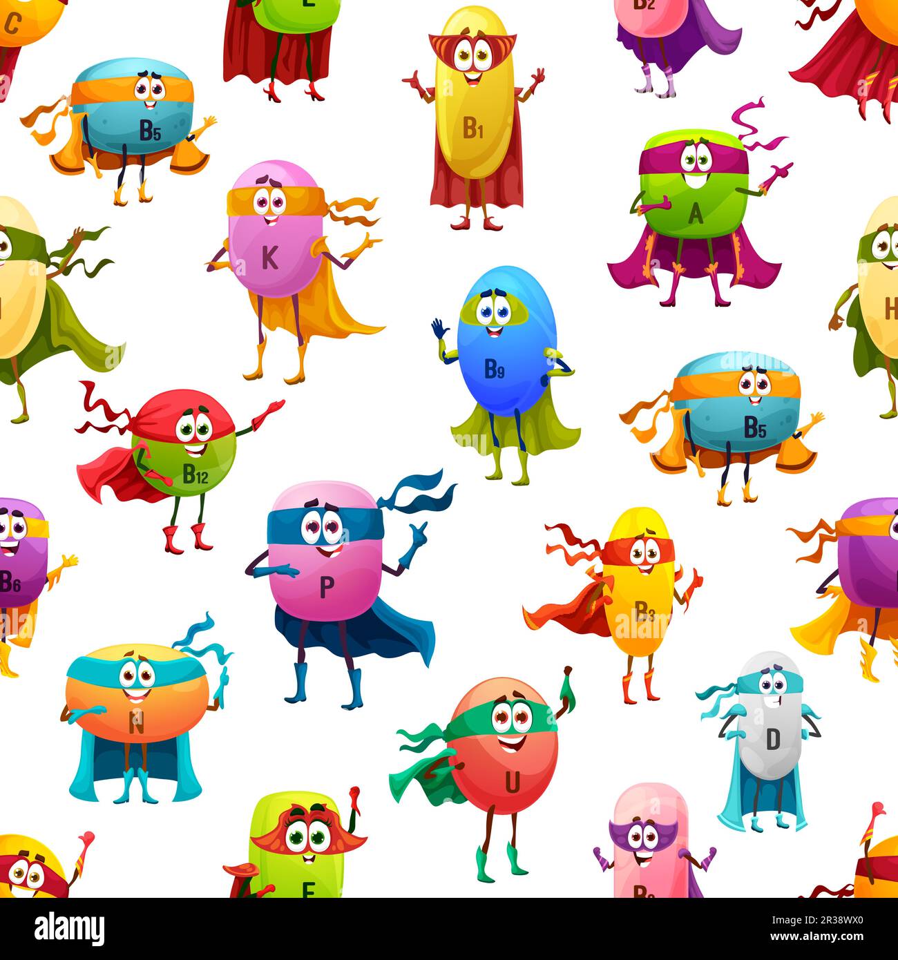 Vitamin superhero characters seamless pattern. Vector cartoon food ...