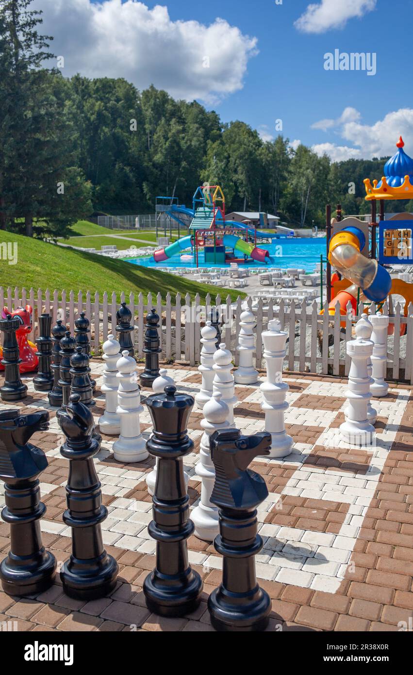 Close up big pieces and giant chess board of street chess in the park ...