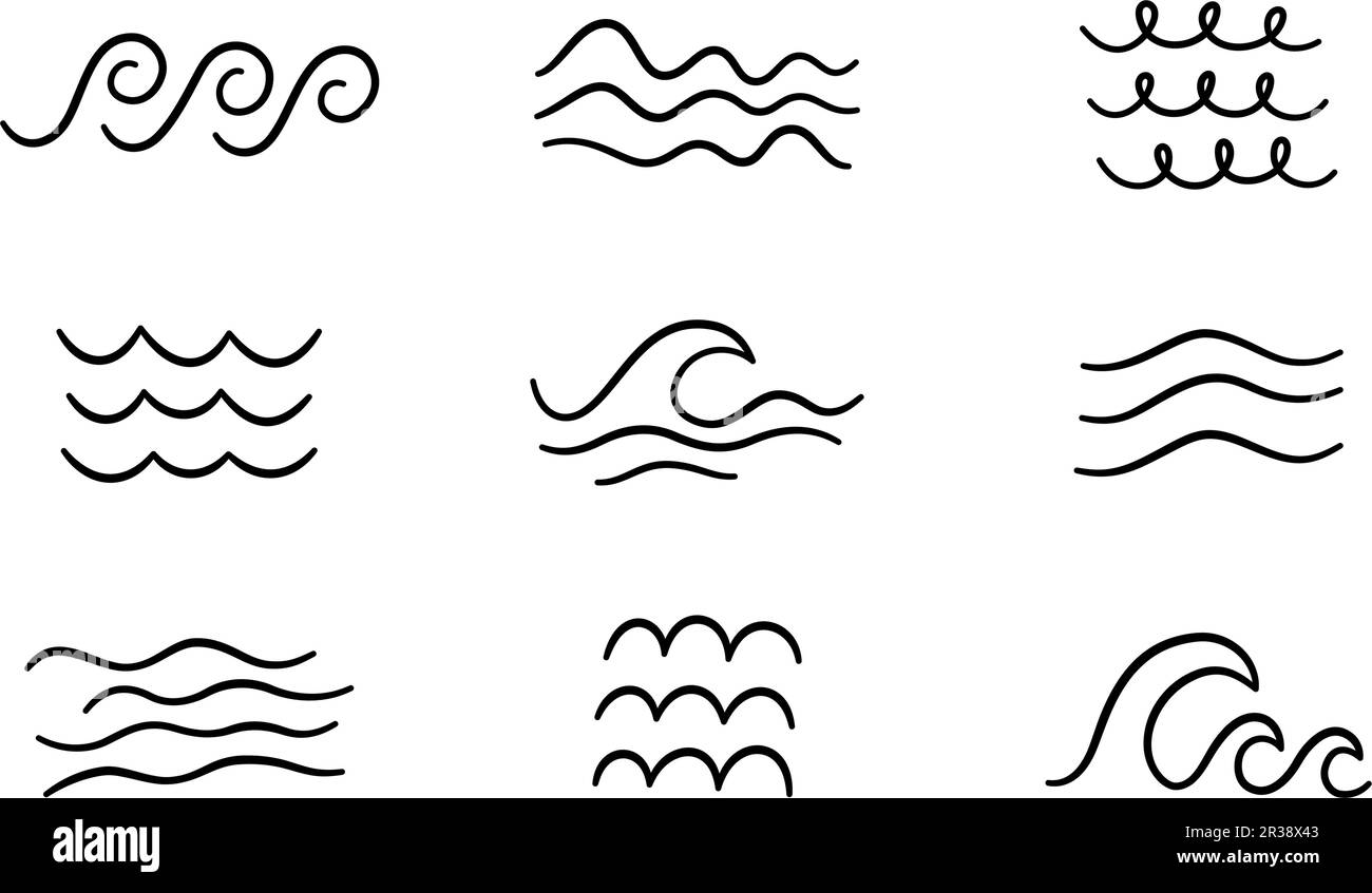 Doodle sea wave icons. Hand drawn simple wavy lines. Sea storm scribble ...