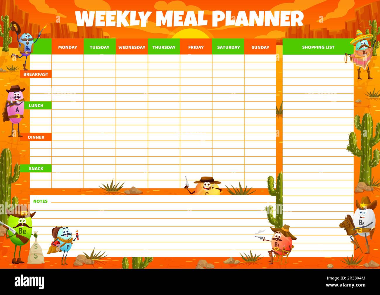 Weekly meal planner, cartoon vitamin western cowboy, sheriff, ranger ...