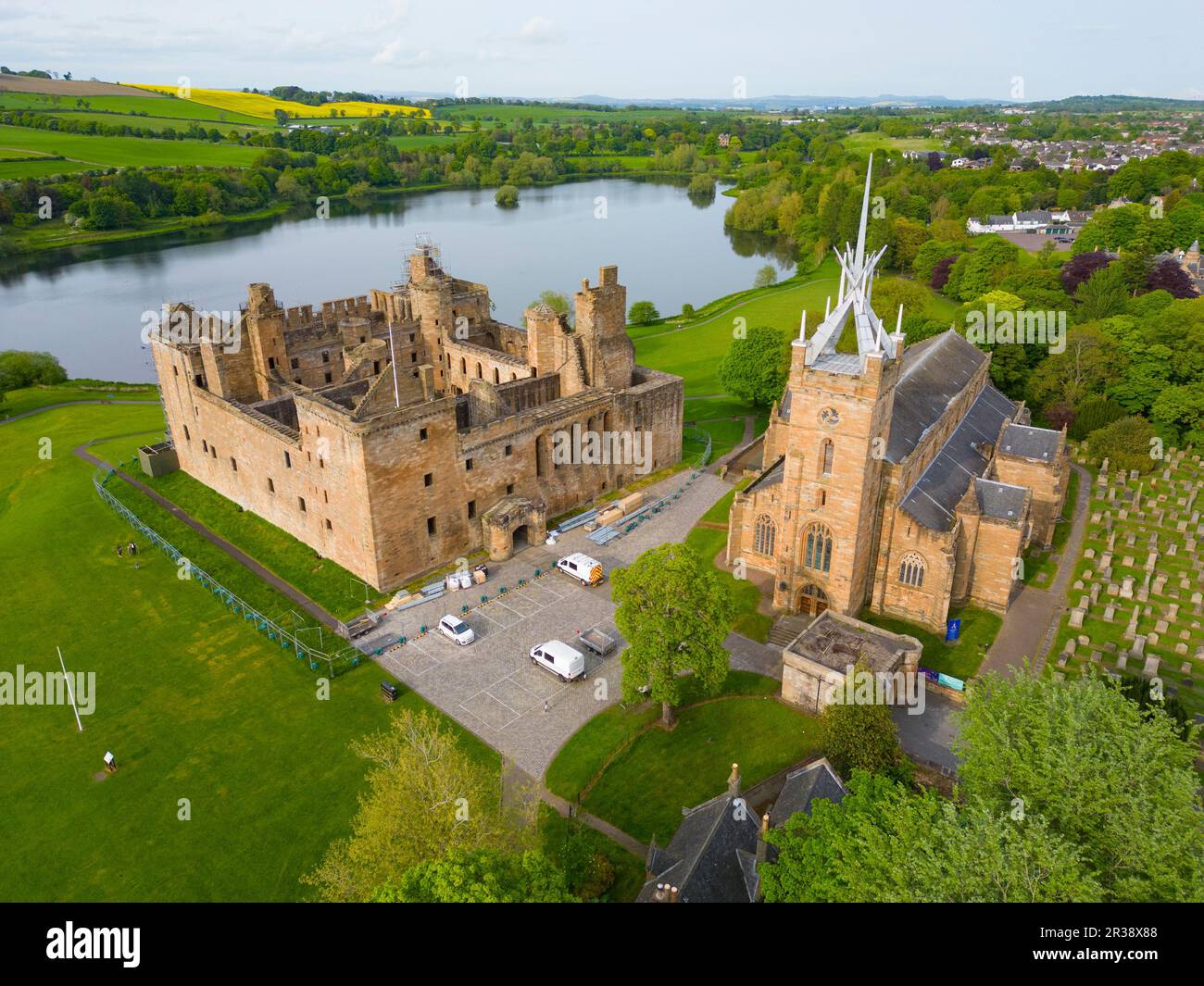 Aerial view of Linlithgow Palace and St. Michael's Parish Church ...