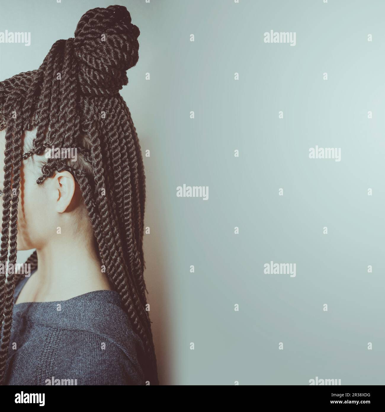 Thick braids close up in African style on the girl's head, bangs ...