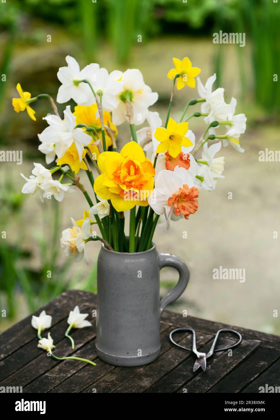Beautiful spring floristic arrangement with different sorts of ...