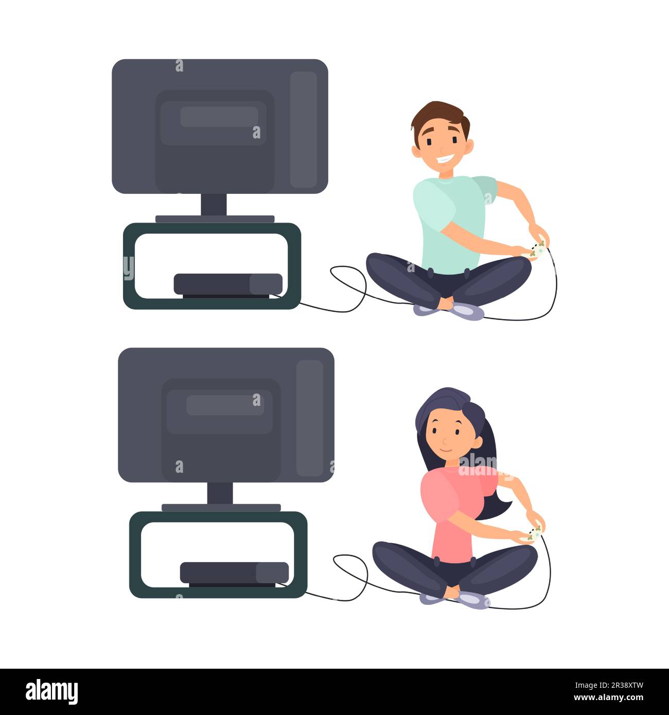 Girl and boy playing video games illustration in color cartoon style ...