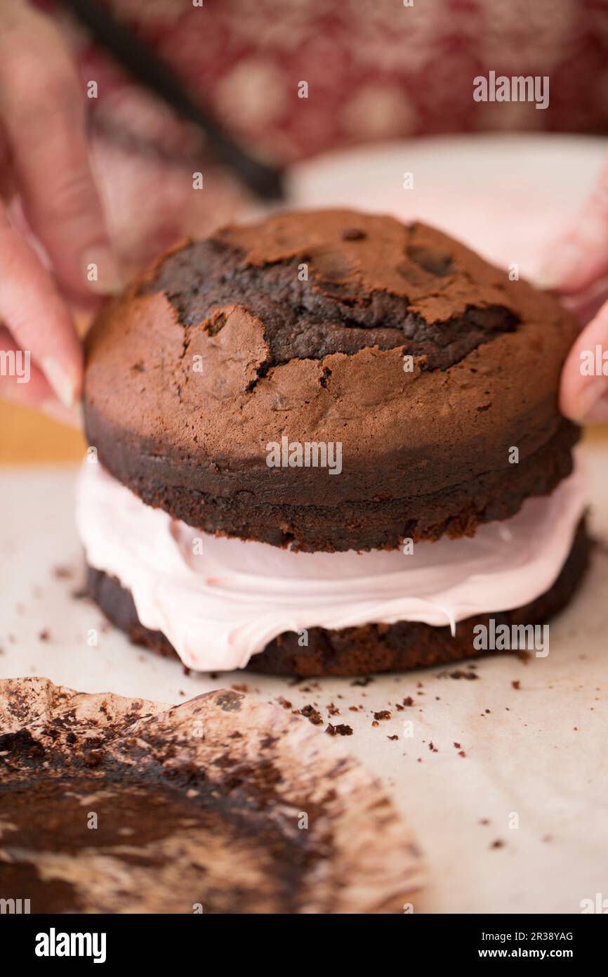 Decorating and finishing Chocolate Cake Stock Photo - Alamy
