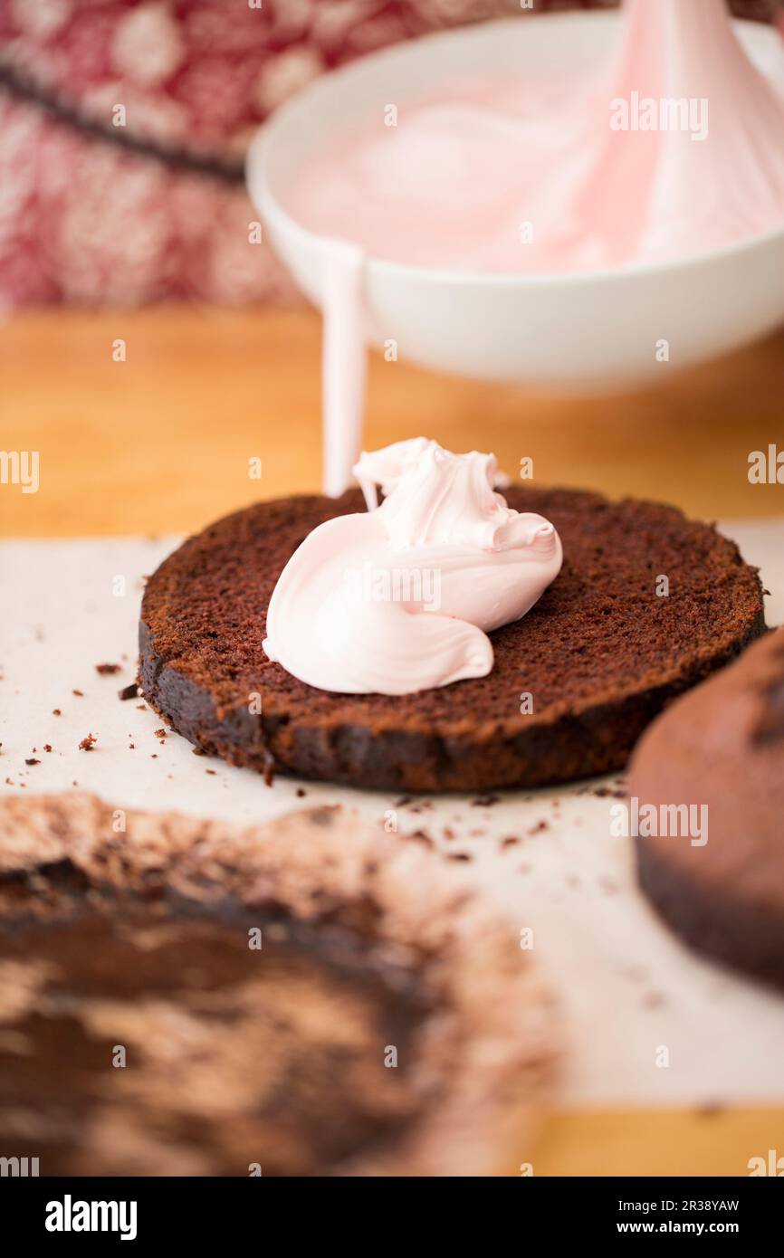 Decorating and finishing Chocolate Cake Stock Photo - Alamy