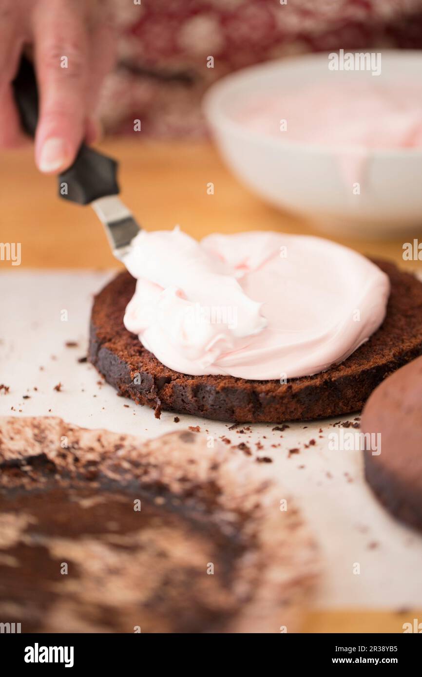 Decorating and finishing Chocolate Cake Stock Photo - Alamy