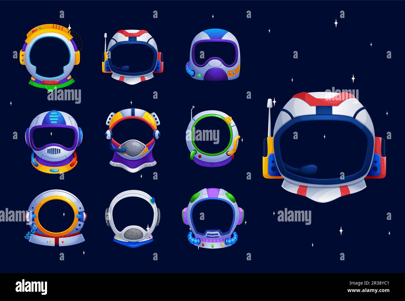 Kids astronaut space helmets, photo booth prop vector mockups. Cartoon ...